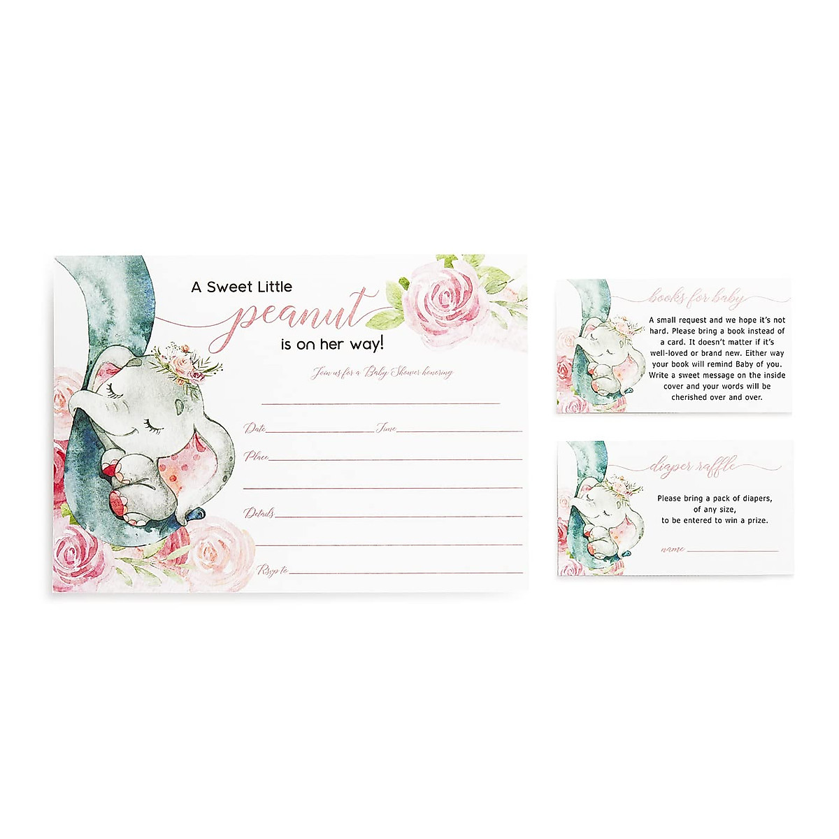 25 Pink Elephant Jungle Baby Shower Invitations and Envelopes (Large Size 5X7 INCHES), 25 Diaper Raffle Tickets, 25 Baby Shower Book Request Cards, Floral Elephant Animal Invites for Girl Baby Showers