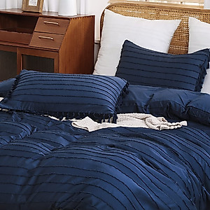 Vaulia Soft Microfiber Textured Duvet Cover Set with Tassels Design, Boho Chic Embroidery Striped Pattern Dark Blue, Queen Size 3-Piece Set (1 Duvet Cover 2 Pillow Shams)