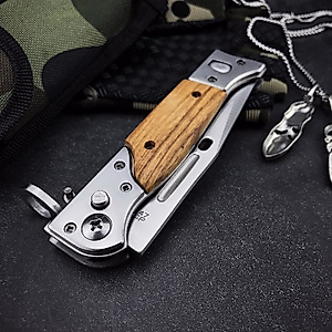 geegift 9" AK47 Slide Pocket Folding Knife, EDC Knife,Stainless Steel Blade Wooden Handle for Outdoor Camping Hunting Hiking (wooden handle, with ring)