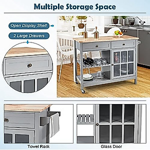 AVAWING Rolling Kitchen Island Cart with Storage, 42" Width Kitchen Cart w/ 2 Wheels, Coffee Cart with Drawers & Openshelves & Glass Cabinet & Towel Rack, Portable Islands, Grey