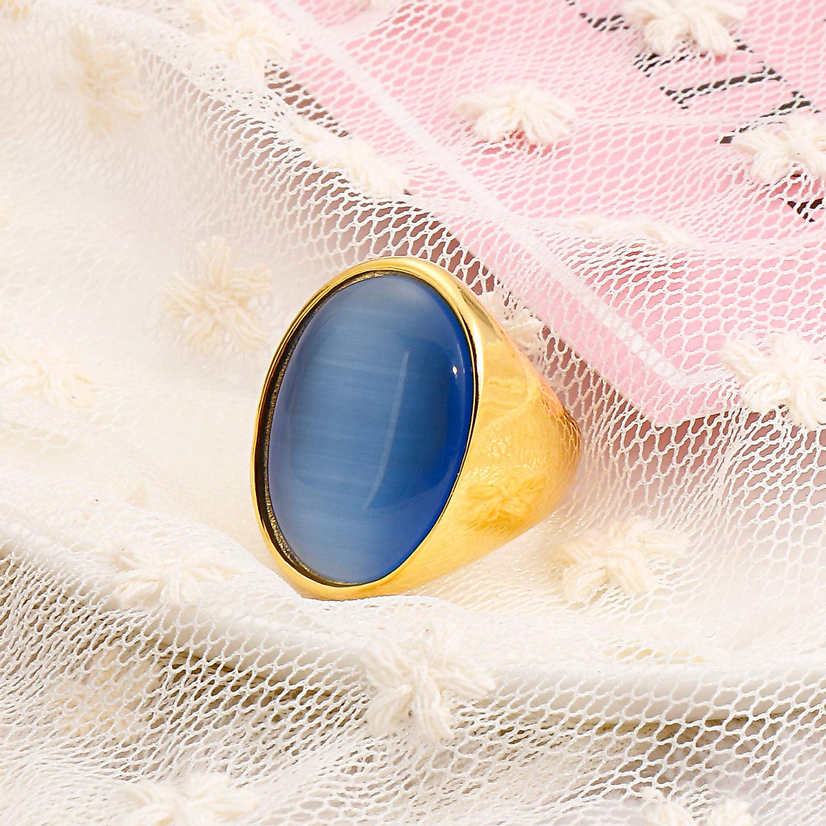 HIJONES Stainless Steel Big Oval Light Blue Cat Eye Stone Ring for Men Women Stainless Steel Wedding Promise Bands Gold Size 8