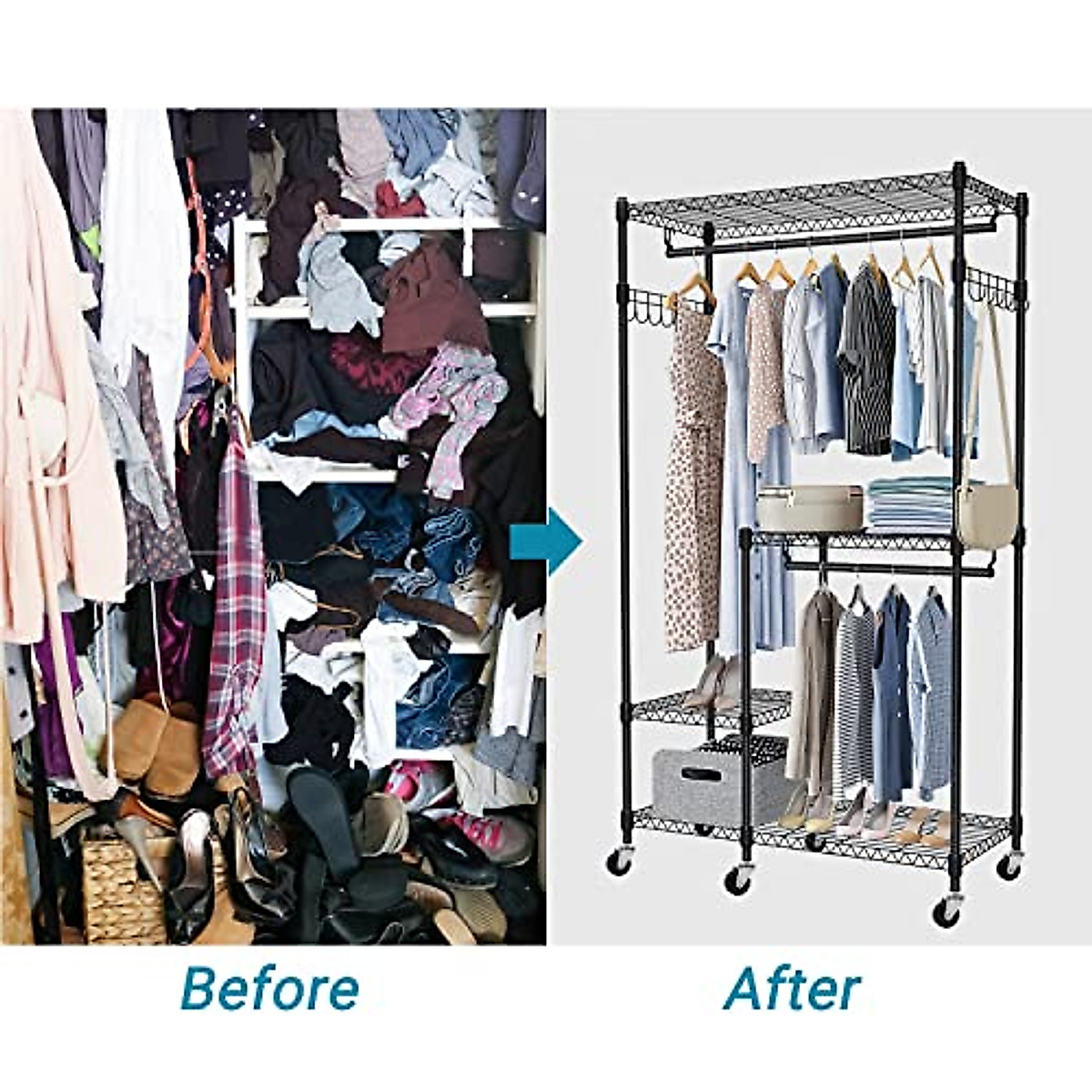 tonchean Rolling Wire Garment Rack Heavy Duty Clothes Rack for Hanging Clothes Freestanding Clothing Rack Closet Wardrobe Rack with Shelves and Wheels