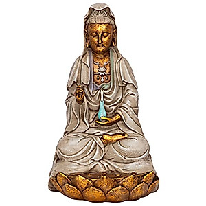 Design Toscano EU1017 Asian Goddess Guan Yin Seated on Lotus Outdoor Garden Statue, 12 Inch, full color