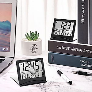 Hicarer 2 Pieces Digital Travel Alarm Clock Battery Operated Foldable LCD Clock with Calendar Temperature Snooze Mode Multifunction Small Desk Clock Portable Clock Large Display Desk Clock(Black)