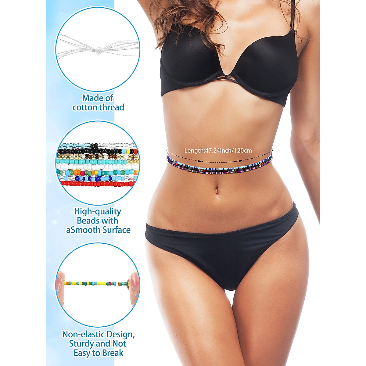 12 Pieces African Waist Beads for Women 48 Inch Layered Belly Body Chain Body Jewelry Colorful Belly Beads Summer Beach Bohemia Body Jewelry for Women