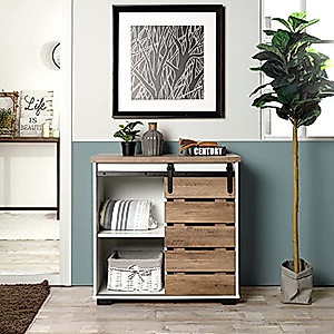 FurniutreR Wood Farmhouse 2 Hidden Shelves Coffee Bar Buffet Storage Cabinet with Groove Door for Kitchen Living Dining Room,32 Inch Side Board, White Oak