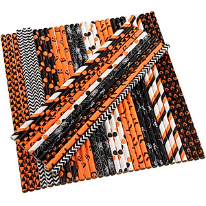250 Pieces Halloween Drinking Straws Pumpkin Paper Straws Striped Paper Drinking Straws with Pumpkin Bat Spider Web Skeleton Pattern for Halloween Party Supplies, 10 Styles