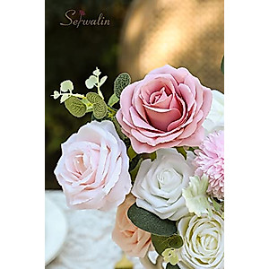Serwalin Artificial Flowers Fake Silk Flowers for DIY Wedding Bouquets Cake Decoration Mixed Roses Combo Blush Pink and White Flower Centerpieces Arrangements for Party Table Chair Decor