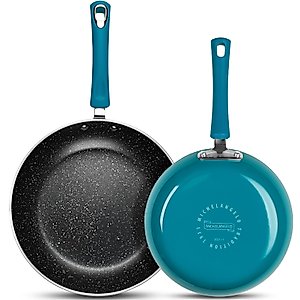 MICHELANGELO Non Stick Frying Pans Set, 8 Inch & 10 Inch Skillet Set, Frying Pans Nonstick with Granite Interior, Enamel Nonstick Pans for Cooking, Frying Pan Set with Silicone Handle, Cyan