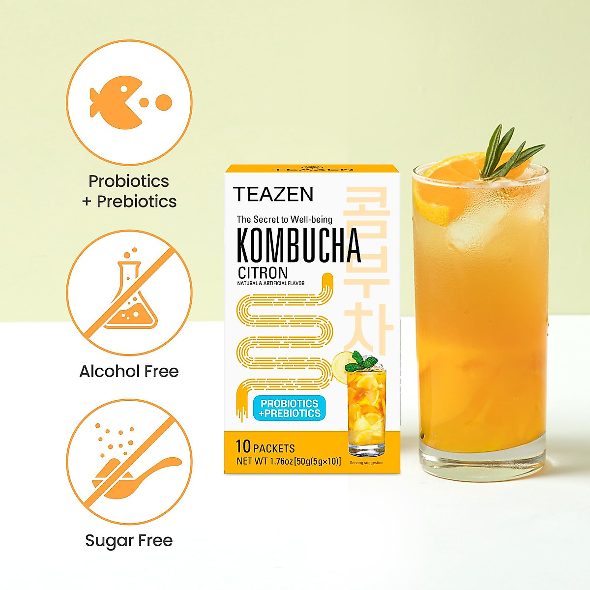 TEAZEN Kombucha 4 Flavors 40 Sticks Variety Pack, Kombucha Lemon, Peach, Berry Citron (40 Sticks)