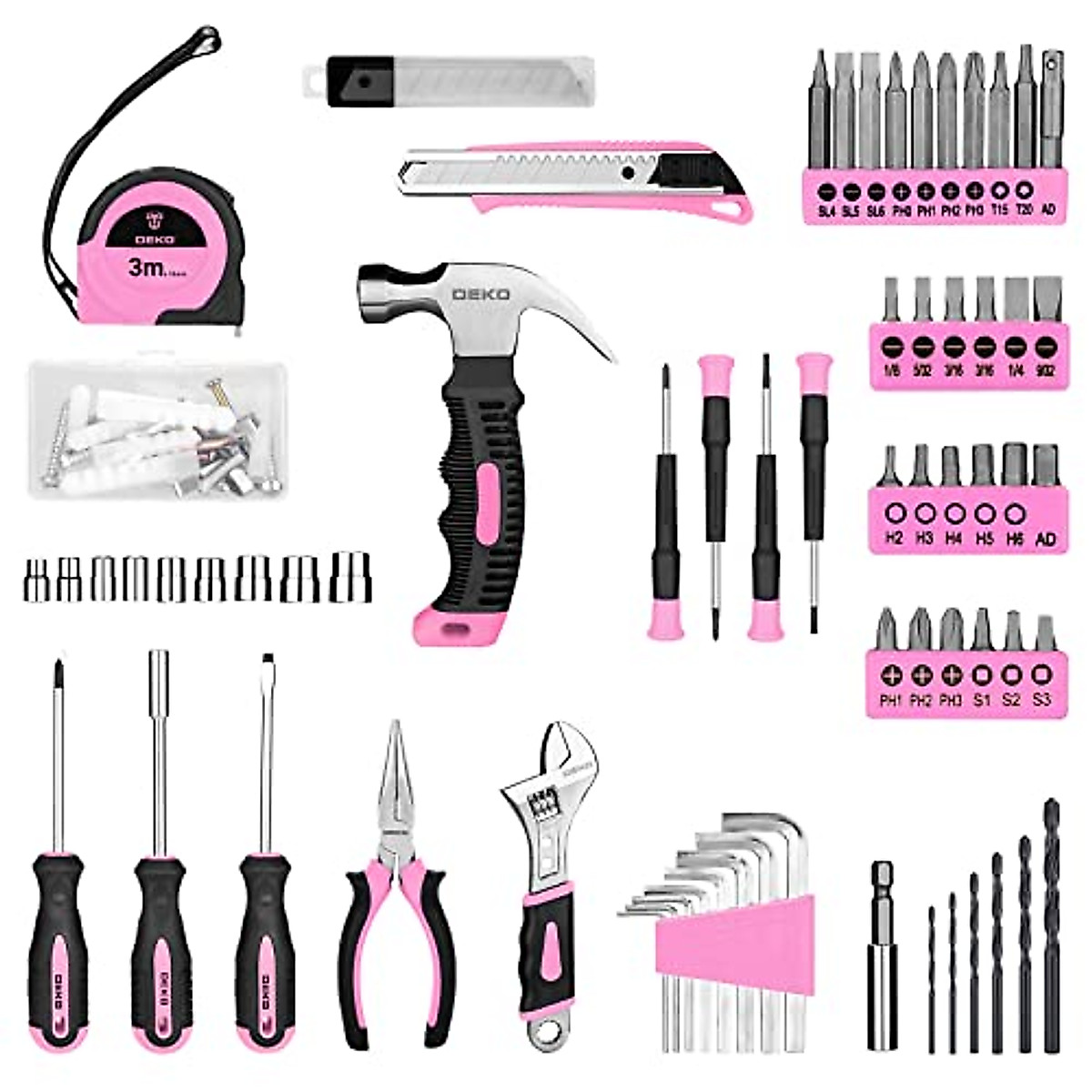 DEKOPRO Drill Set: Tool Set with 8V Pink Cordless Drill, Home Tool Kit with Drill, Hand Tool Kits for Women 126 Piece