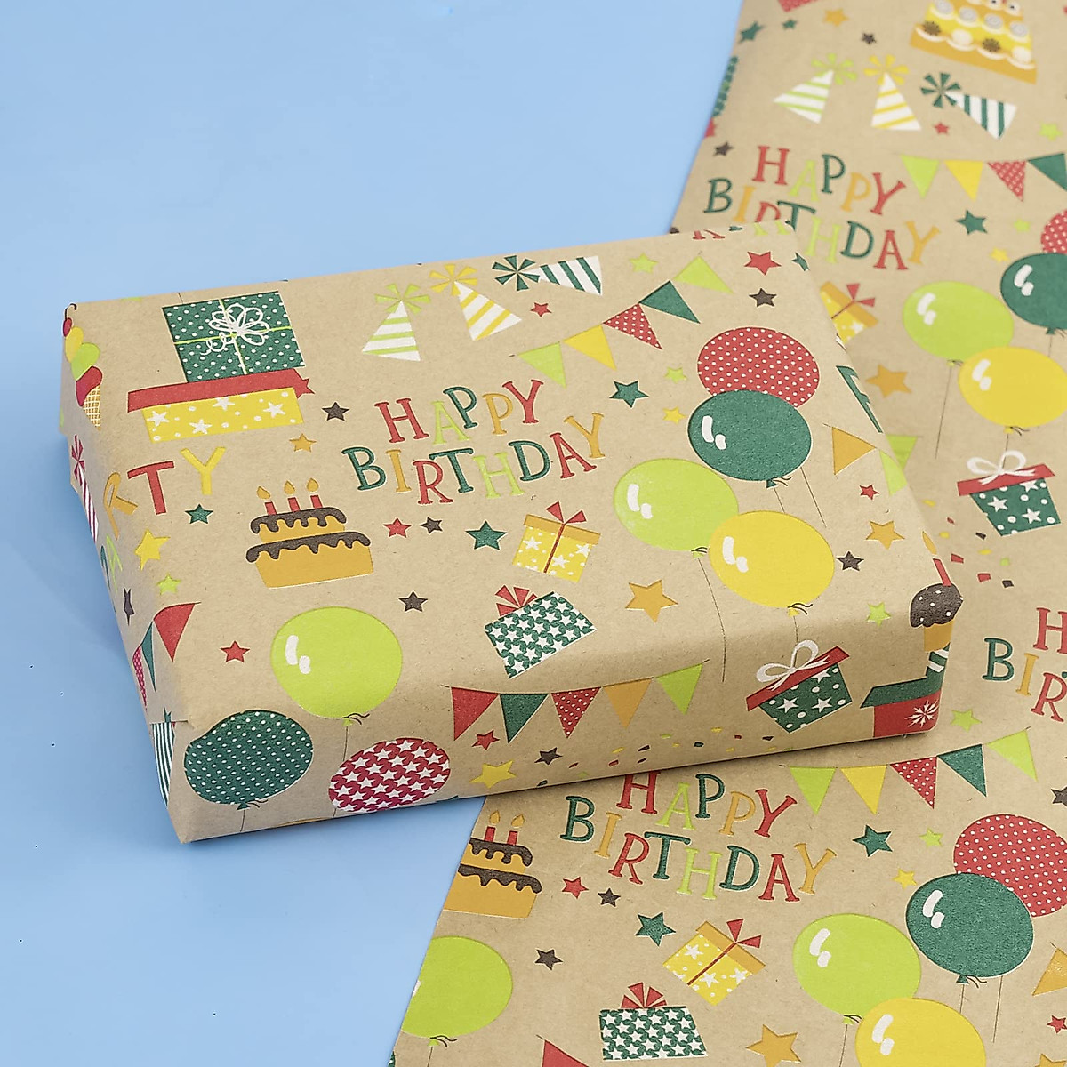 RUSPEPA Kraft Wrapping Paper Roll - Birthday Party Pattern - 30 Inches x 100 Feet