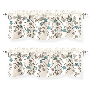 DriftAway Isabella Faux Silk Embroidered Kitchen Swag Valance Embroidered Crafted Flower 2 Pack 60 Inch by 18 Inch Plus 1.5 Inch Header Ivory Blue