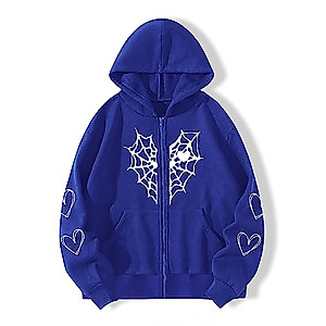 Y2K Gothic Spider Web Heart-shaped Print Hoodied Pullover Punk Zip Up Jacket Coat Harajuku Loose Oversized Streetwear (Black Pink,S)