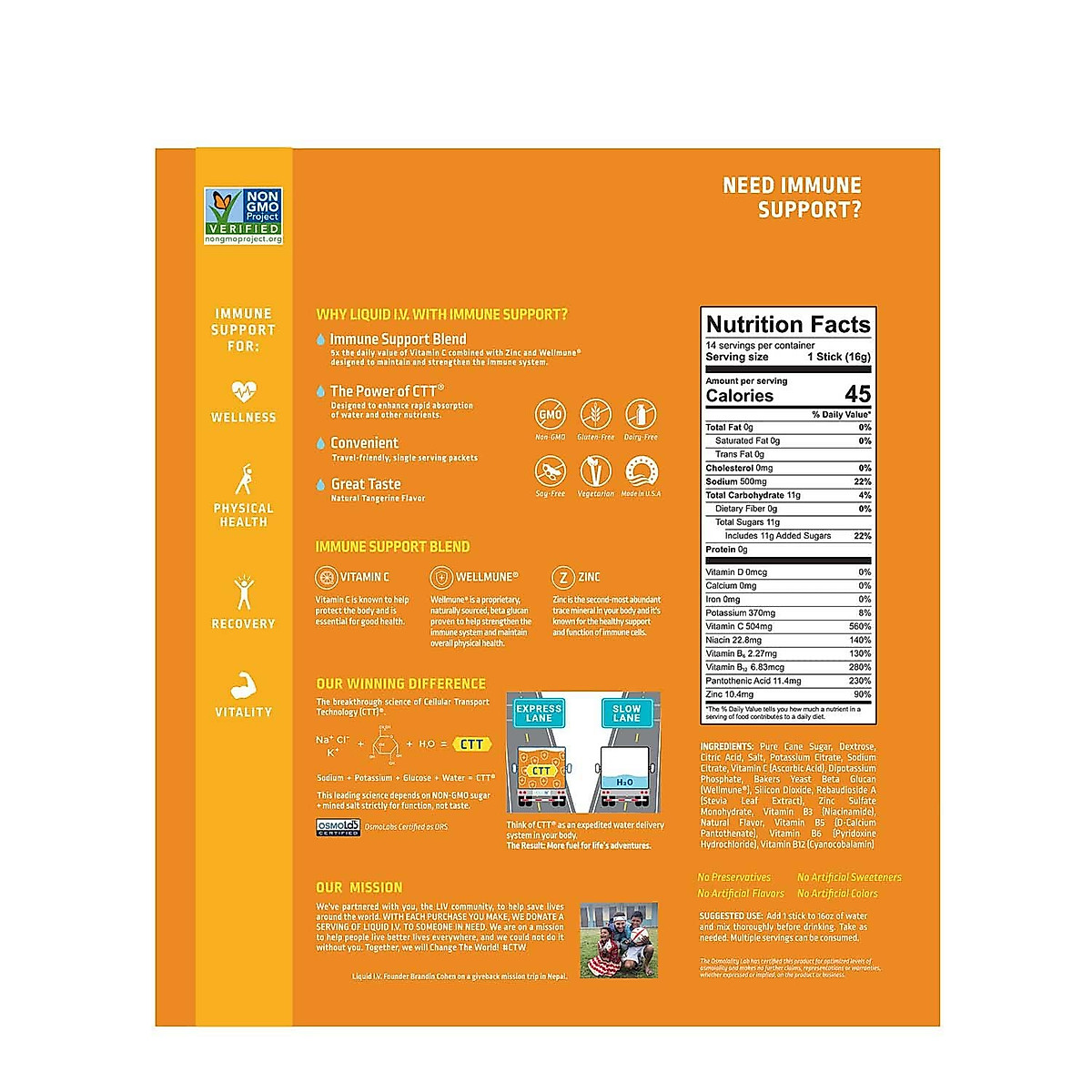 Liquid I.V. Hydration Multiplier+ Immune Support Drink Mix - Tangerine - 14 Stick Packs