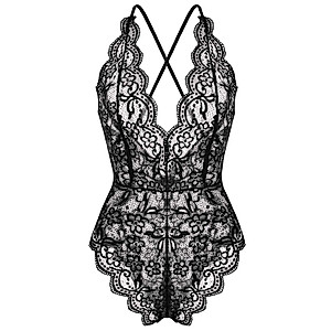ZSWDXX Women Lingerie One Piece Lace Teddy Bodysuit Babydoll Chemise Sleepwear Black S