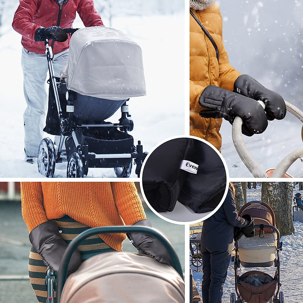 Evencaphy Stroller Gloves Universal Pram Hand Muffs, Anti-Freeze Stroller Mittens Golf Cart Gloves Pet Gear Shopping Cart Hand Warmers Waterproof Winter Gloves with Stroller Hook, Black