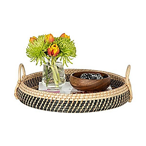 Round Rattan Serving and Breakfast Tray, Natural-Black