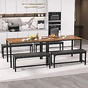 VECELO 3-Piece 63" Extendable Kitchen Table with Benches/Chairs, Modern Breakfast Dinette/Dining Room Set for 4/6/2, Small Space Saving Design, Easy Assembly