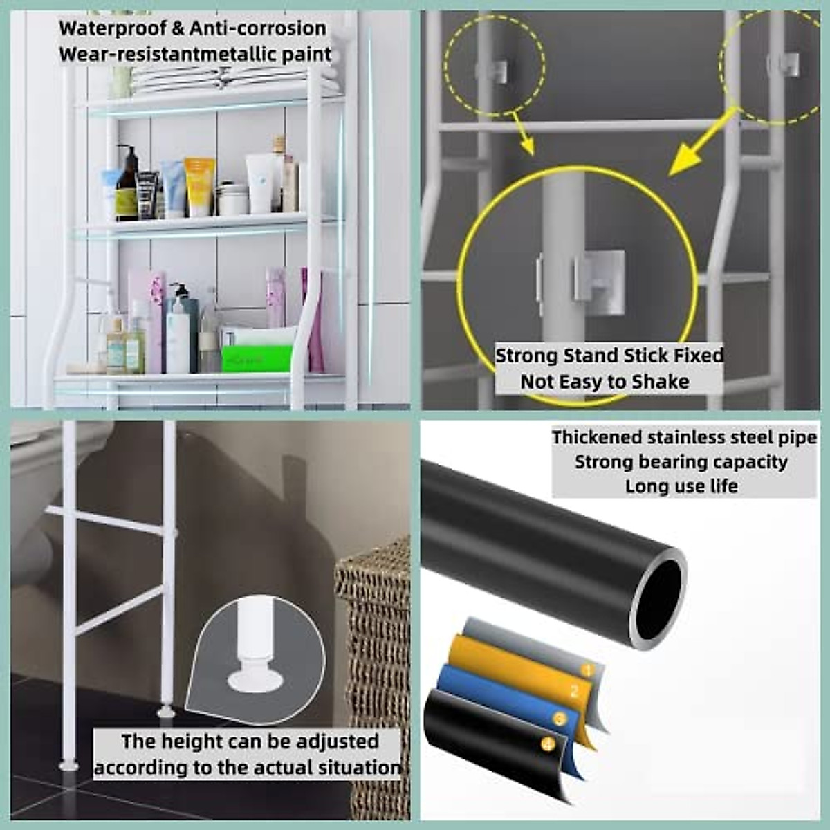 LUCKMETA Over The Toilet Storage Rack, 3-Tier Multifunctional Bathroom Organizer Shelf, Stable Storage Shelves, Easy Assembly, Space Saver, Metal, with Toilet Paper Holder and Hooks (White)