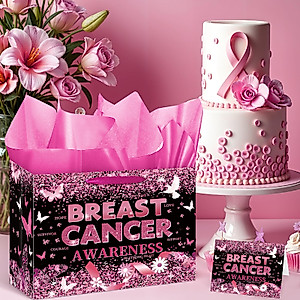 Black Pink Breast Cancer Awareness Gift Bags with Tissue Paper Greeting Card Pink Ribbon Party Favors Breast Cancer Awareness Party Decorations for Christmas Women Patient Friends Coworker Charity