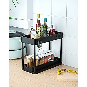 Gaclibl Under Sink Organizers and Storage, 2 Tier Under Cabinet Organizer with 4 Hooks Pull Out Under Sink Storage for Bathroom Kitchen Cabinet Counter Pantry, Black