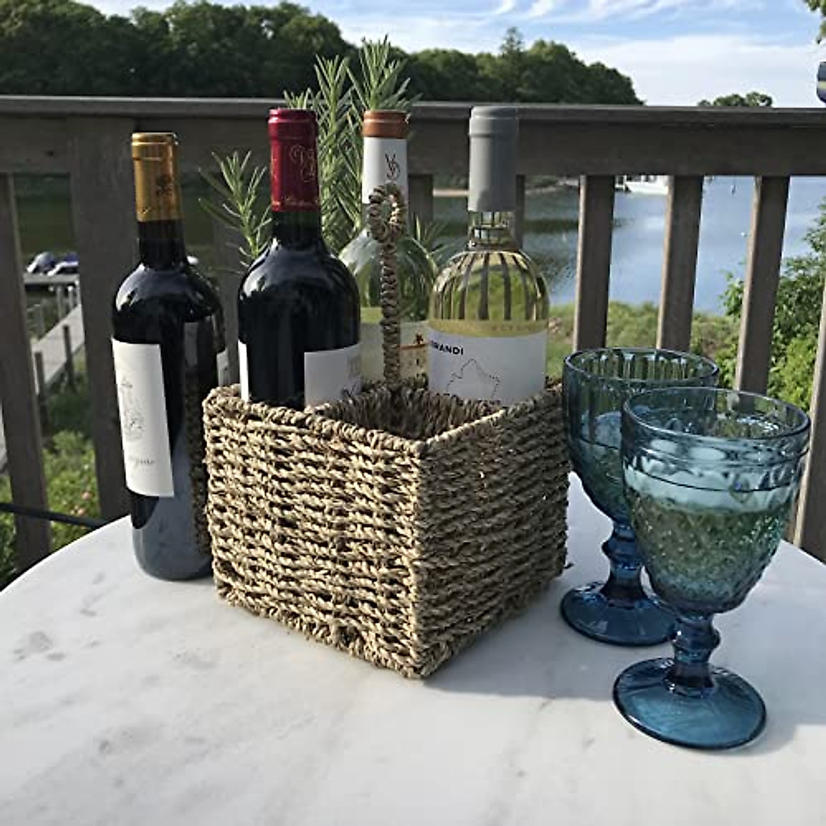 4 Compartment Basket Caddy, Bottle and Condiment Holder, Woven Wicker Over Metal Frame, Seagrass, 10.5 Inches