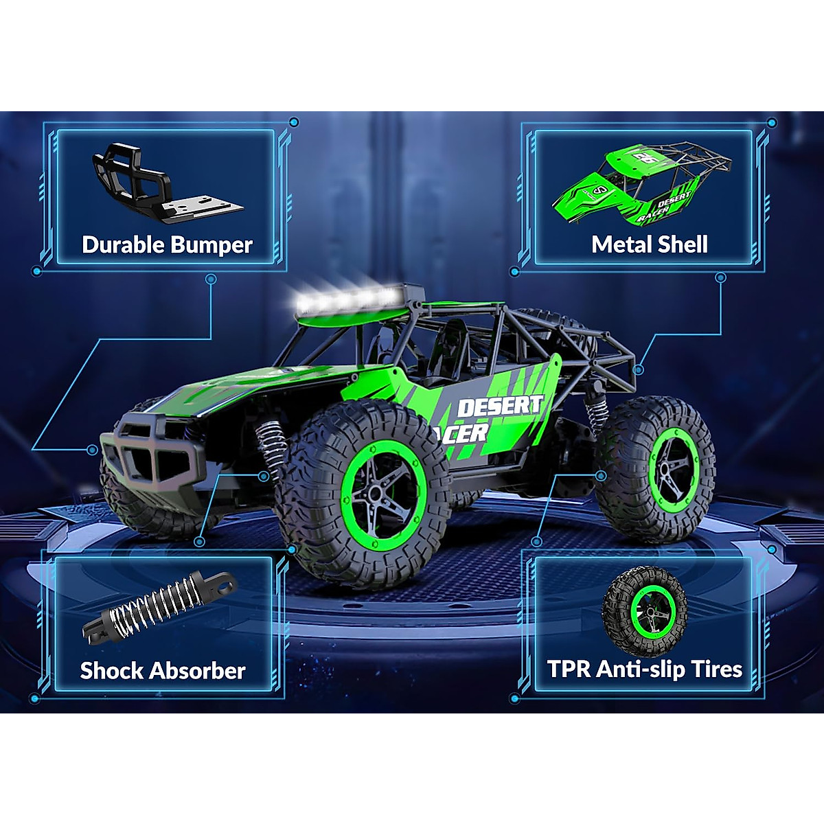 RACENT Remote Control Car, 2.4Ghz High Speed 20KPH RC Cars for Boys, 1:16 Scale All Terrain Monster Truck Off Road RC Truck (Green and Blue)