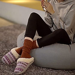 CIOR Women's Memory Foam House Slippers Sweater Knit Embroidered Pattern and Ribbed Hand-Knit Collar-U1MTW014-Navy Blue-38-39