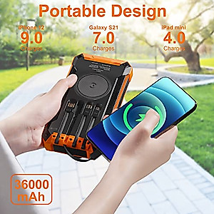 Solar Charger 36000mAh Qi Wireless Portable Charger Power Bank Built in 4 Cables USB C Quick Charge with LED Flashlight 6 Output & 3 Input External Battery Pack for Cell Phone