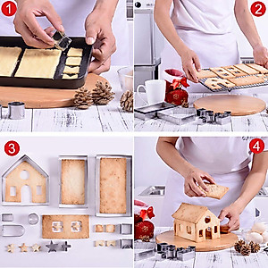 Gingerbread House Cookie Cutter Set, Gingerbread House Kit, Christmas Gingerbread Cookie Cutter for Kids Adults, Holiday Cookie Cutters Mold, 3D Stainless Steel Chocolate Pastry Baking Kit DIY Tool