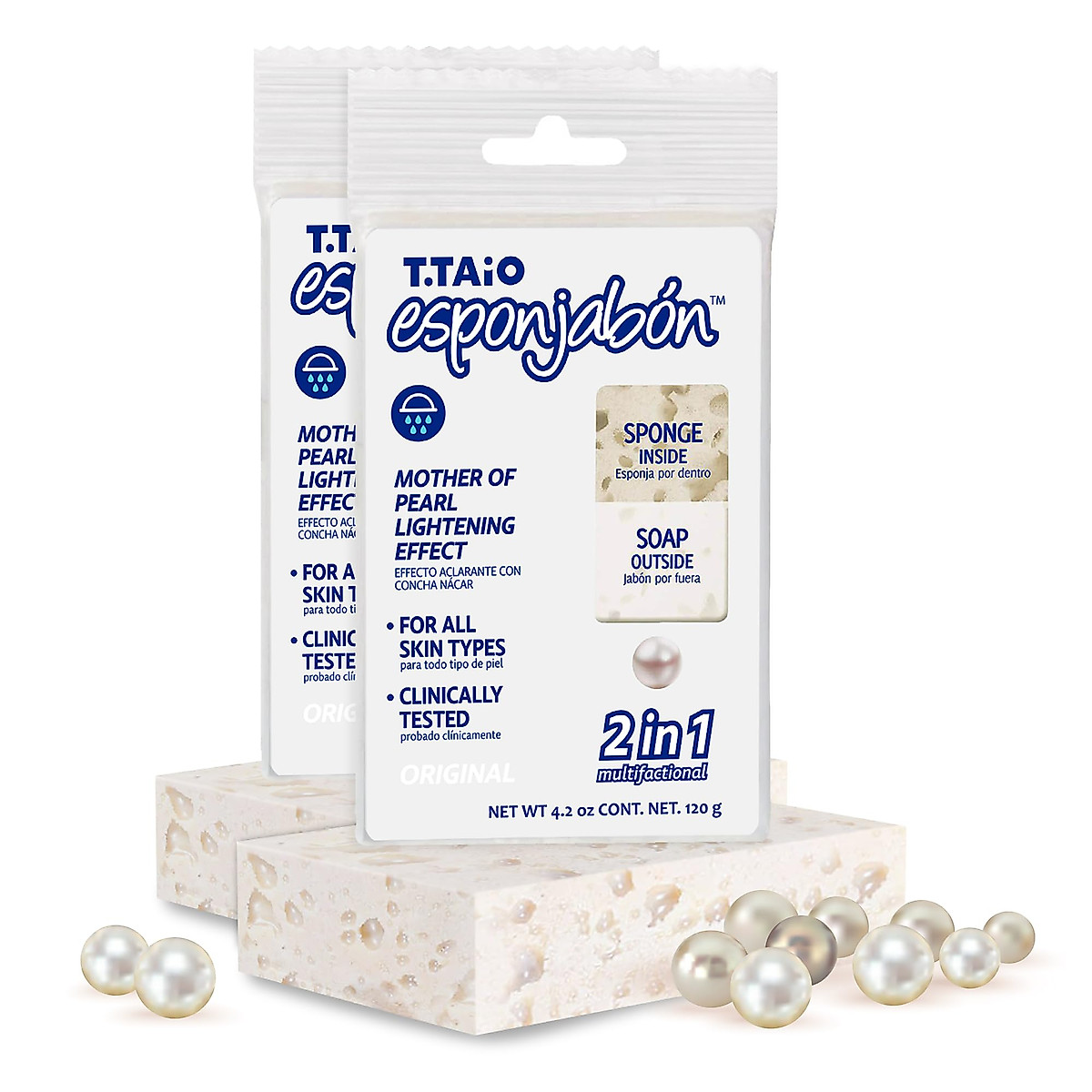 T.Taio Esponjabon Mother of Pearl Soap Sponge - Cleansing Shower Scrubber - Cleaning Bath Wash Scrub - Oil Removal - Massage & Lather Foot, Elbow, & Face - Bathroom Accessories (2-Pack)