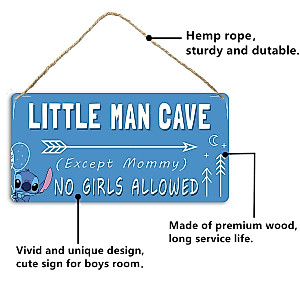 Baby Boy Nursery Room Decor For Boys Kids Bedroom Door Signs Blue Toddler Room Stitch Wall Decor Cute Little Man Cave Wooden Sign No Girls Allowed Signs 12 X 6 Inch