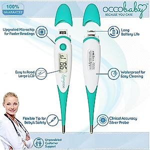 OCCObaby Clinical Digital Baby Thermometer - LCD, Flexible Tip, 10 Second Quick Accurate Fever Alarm Rectal Oral & Underarm Use - Waterproof Baby Thermometer for Infants & Toddlers