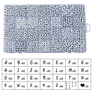 1400pcs Letter Beads, 4x7 mm Acrylic Alphabet Beads, Beads for Jewelry and Bracelet Making, in 28 Grid Box (White and Black)
