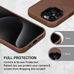 Belemay Compatible with iPhone 15 Pro Max Leather Case Magsafe-Top Grain Vintage Crazy Horse Leather-Metal Buttons Camera Bezel-Slim Fit-Precision Crafted Premium Phone Cover (6.7-inch)-Retro Brown