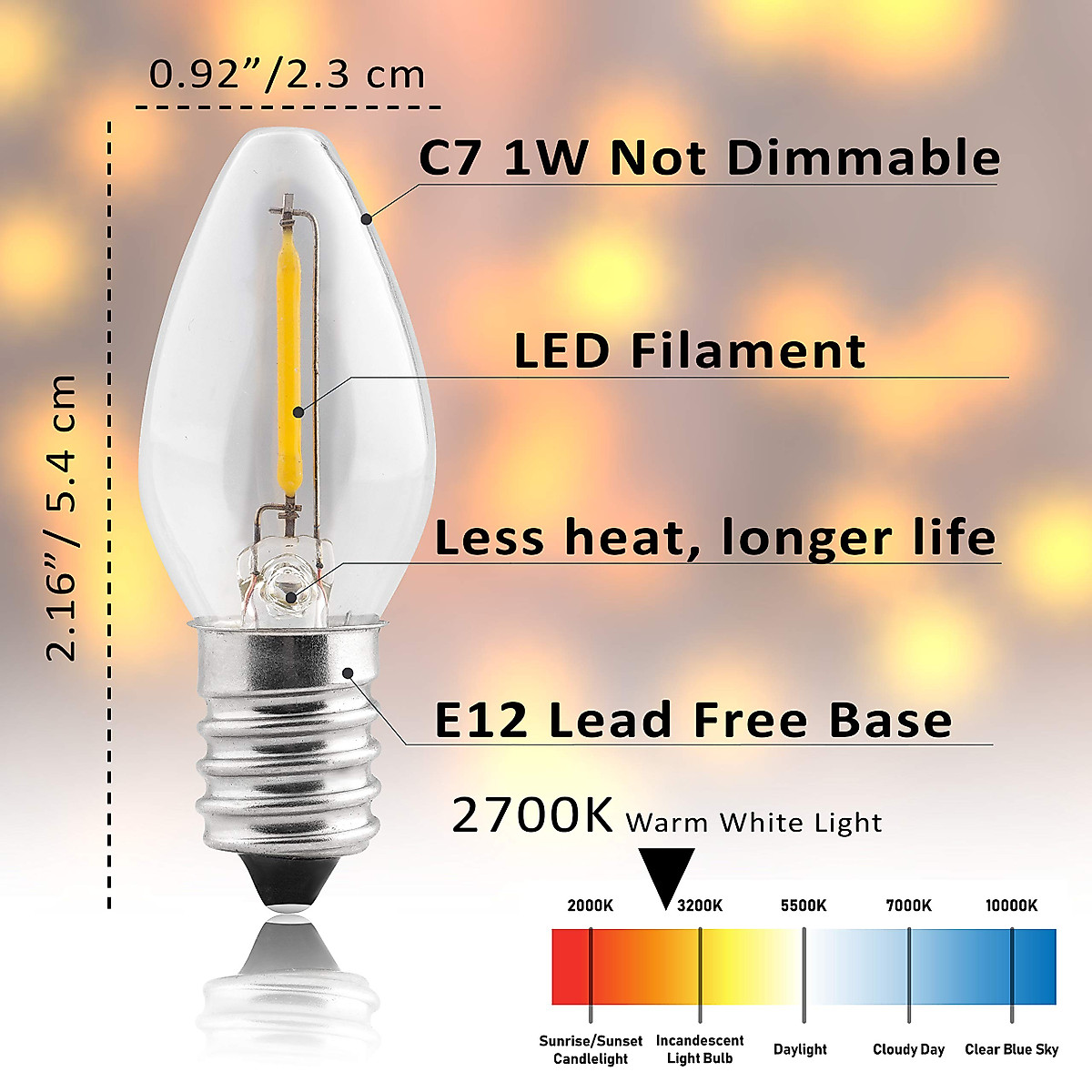 LED Night Light Bulb – C7 E12 LED Bulbs – Candelabra Light Bulbs, 1 Watt Equivalent 10W Incandescent Bulb, Warm White 2700K, Window Candles & Chandeliers Replacement Bulb, 8 Pack