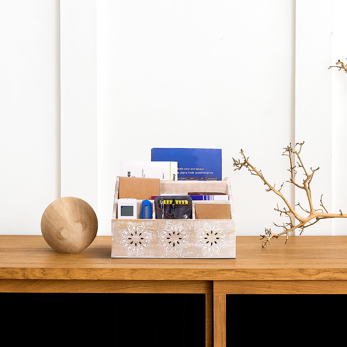 3-Slot Wooden Desk Organizer – Multi-Purpose Utensil Caddy for Kitchen Countertop, Work Desk, Bathroom, Cutlery Caddy, Pencil Caddy, Office Supplies Organizer – 13.75 Inches, Grey Over Natural/Black