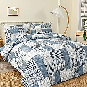 Green Essen Blue White Plaid Quilts King Size Lightweight Patchwork Quilt Soft Breathable Check Bedspread Gingham Bedding Checker Pattern Coverlet Bed Cover Set Geometric Home Decor