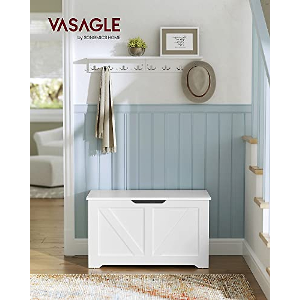 VASAGLE Storage Chest, Storage Trunk with 2 Safety Hinges, Storage Bench, Shoe Bench, Barn Style, 15.7 x 31.5 x 18.1 Inches, for Entryway, Bedroom, Living Room, White ULSB062T14