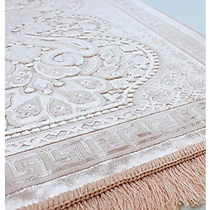 Modefa Velvet Prayer Rug - Soft Plush Turkish Janamaz Sajada Carpet for Men and Women - Plain Solid Prayer Mat Ramadan Eid Gift - with Prayer Beads - Floral Luxury Paisley (Blush Pink)