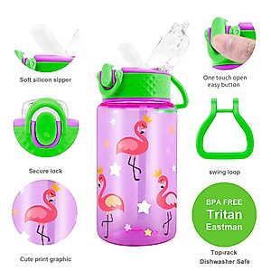 Home Tune 14oz Kids Water Drinking Bottle - BPA FRE, Chug Lid, Flip Sip Cap, Easy Open, Lightweight, Leak-Proof with Cute Design for Girls & Boys - 1PK - Flamingo
