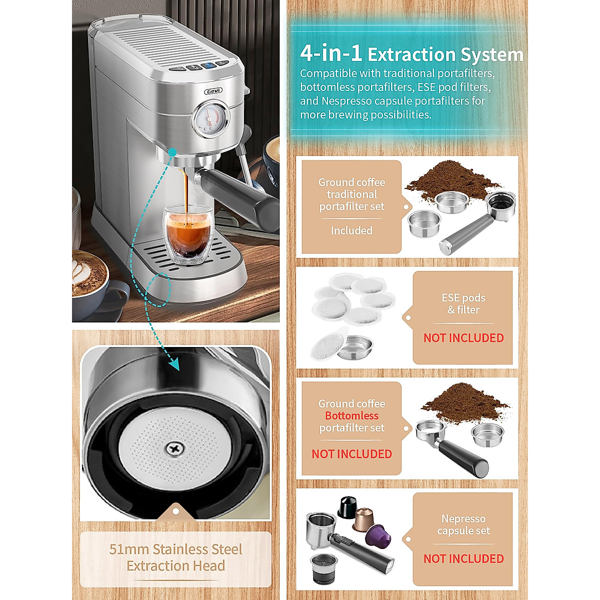 Gevi Espresso Machine & Coffee Maker - 20Bar Semi Automatic Espresso Machine With Grinder & Steam Wand – All in One Espresso Maker & Latte Machine for Home Dual Heating System…