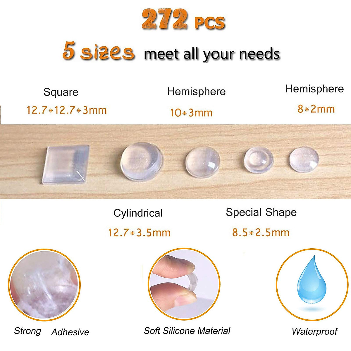Cabinet Door Bumpers Clear Self Adhesive Noise Dampening Bumper Pads 272Pcs Silicone Rubber Bumpers for Drawers Picture Frames Cutting Board and Furniture Surface Protection 5 Sizes Pack