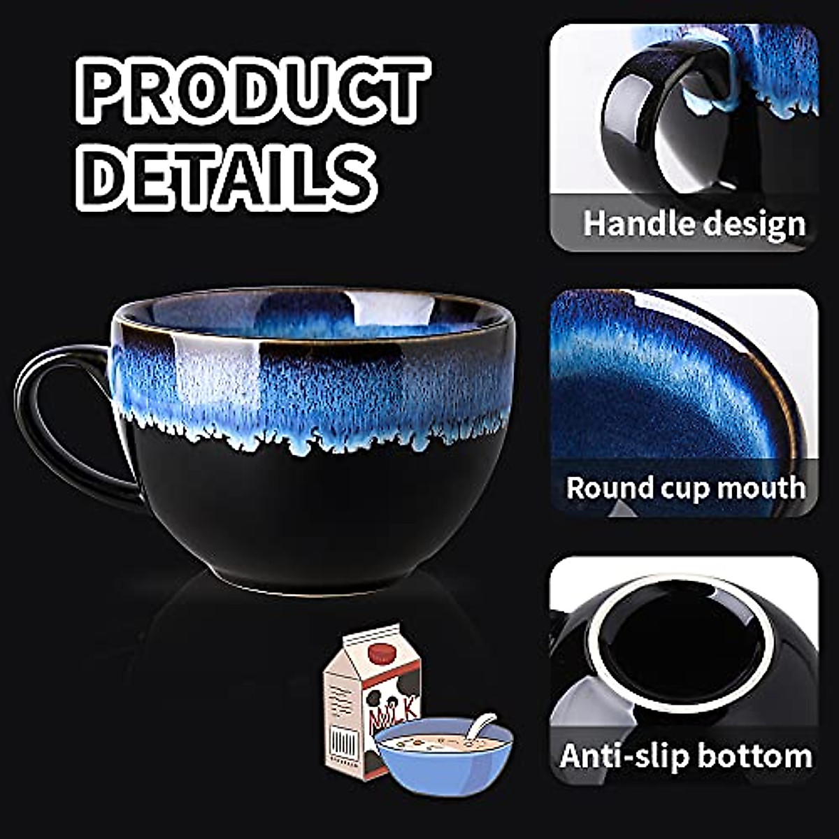 KOOV Ceramic Soup Mug, Soup Bowls with Handles Microwave Safe, 24 Ounce Jumbo Mug and Cereal Mugs Set of 4, Reactive Glaze (Nebula Blue)