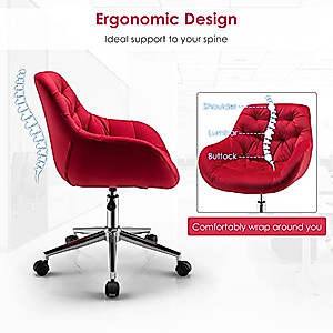 Giantex Velvet Leisure Armchair, Height-Adjustable Home Office Swivel Chair w/Rolling Casters, Ergonomic Mid Back Accent Chair w/Upholstered Seat & Tufted Surface for Bedroom, Vanity, Study (Red)