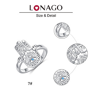 LONAGO Hamsa Ring for Women, Hamsa Hand Stacking Ring 925 Sterling Silver Birthday Gift for Women (ring size 7)