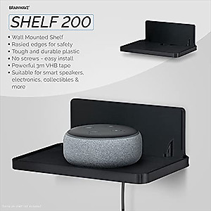 BRAINWAVZ Screwless Extra Wide Floating Shelf Mount for Security Cameras Baby Monitors Speakers Plants Toys & More, Universal Holder Strong Adhesive Easy to Install, 6.7” x 4.1 (SHELF200-Black)