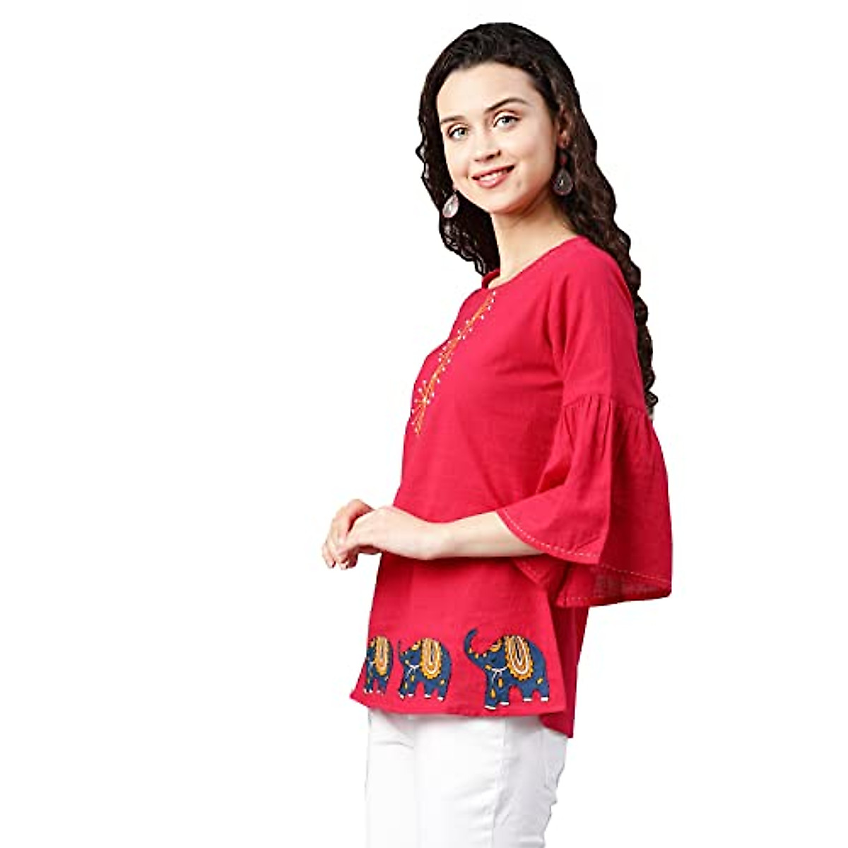 Yash Gallery Women's Plus Size Cotton Slub Elephant Print Indian Tunic Summer Tops (Pink)