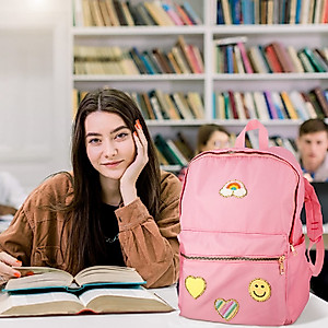 Pink Lightweight Backpack Preppy Patches Nylon Backpack Rainbow Heart Smile Waterproof Travel Bag Pack for Girls and Students Back to School